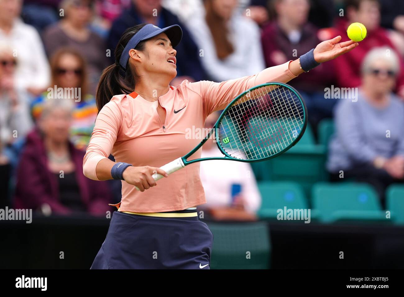 Emma Raducanu serving against Daria Snigur on day four of the Rothesay ...