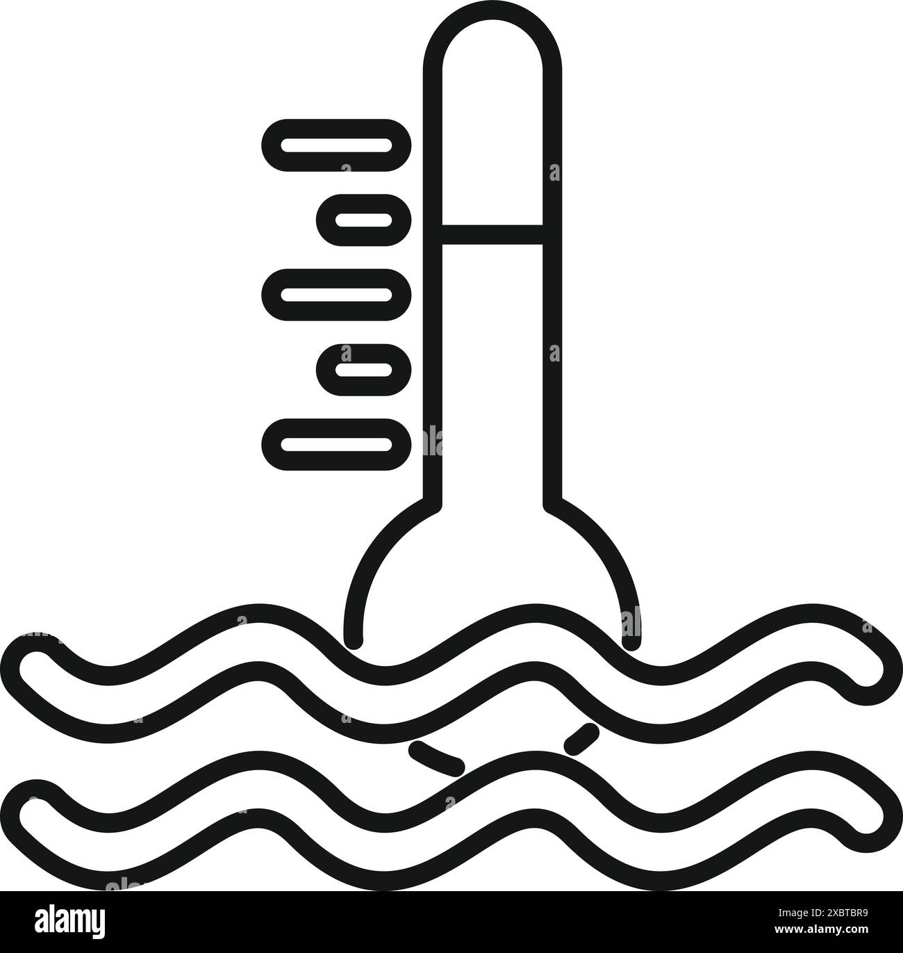 Line icon of a thermometer measuring high temperature of water waves ...