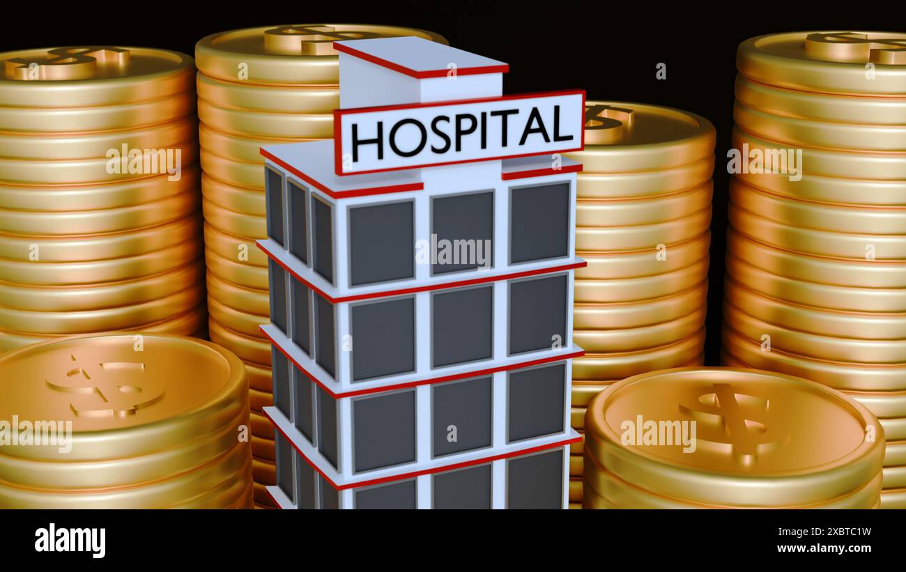 3d rendering of a hospital building and stack of golden coins Stock ...