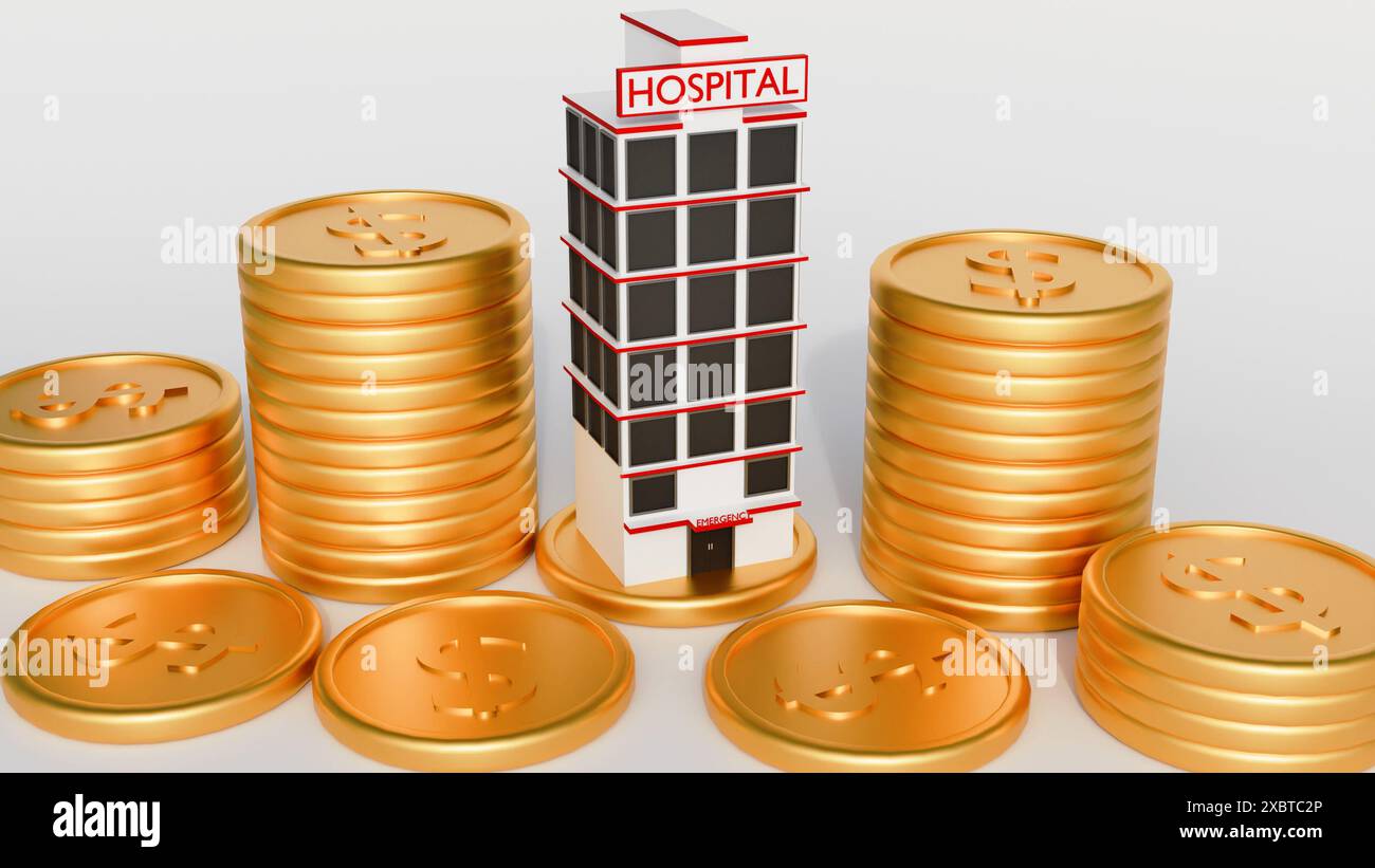 3d rendering of a hospital building and stack of golden coins Stock ...