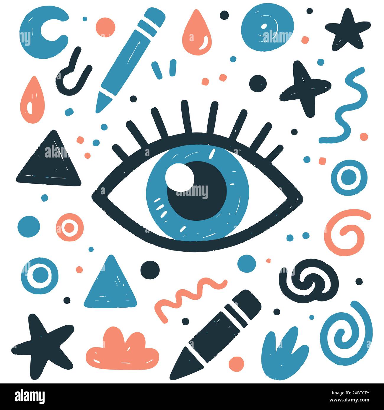 Big colorful eye drawing surrounded by childish doodles representing a concept Stock Vector ...