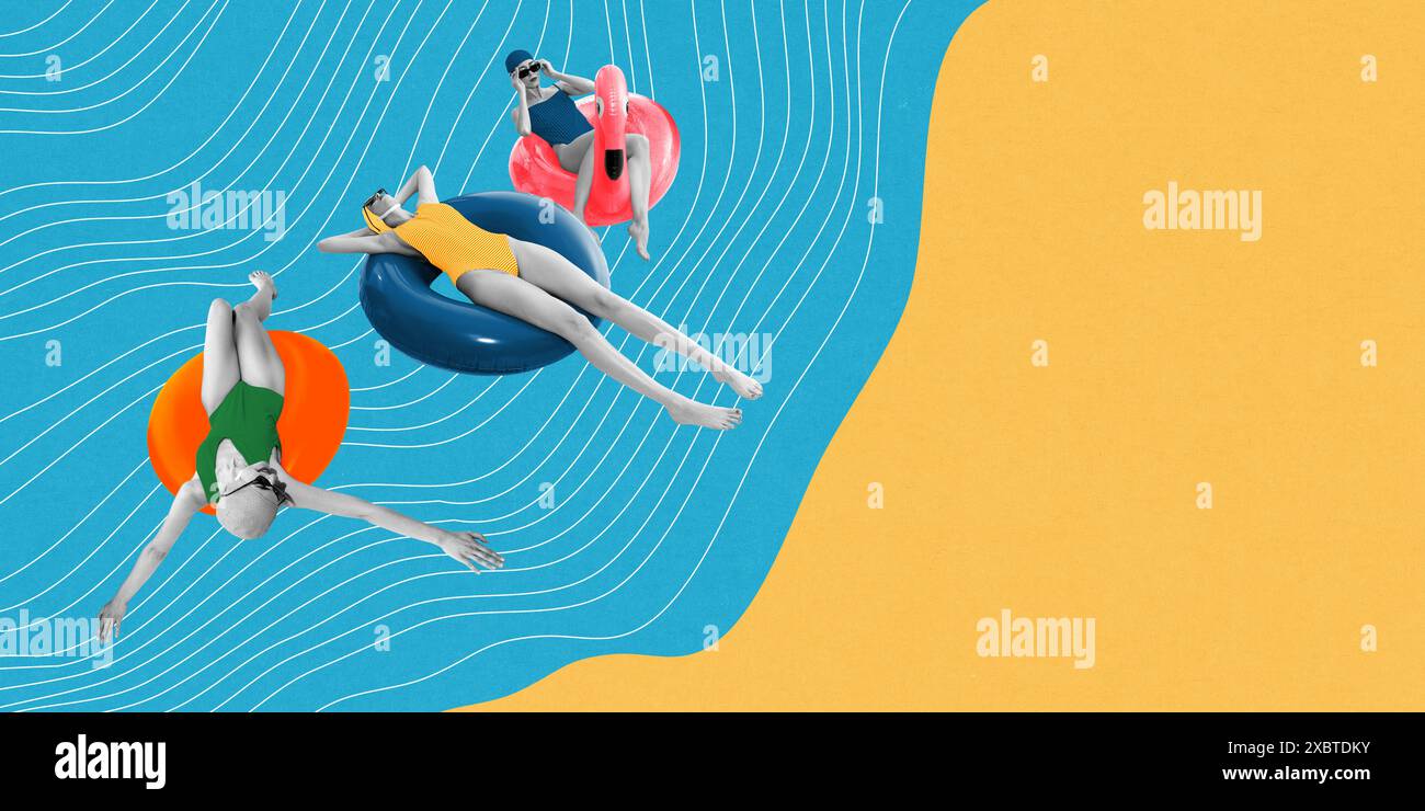 Women in swimsuits on colorful pool floats against stylized blue and ...
