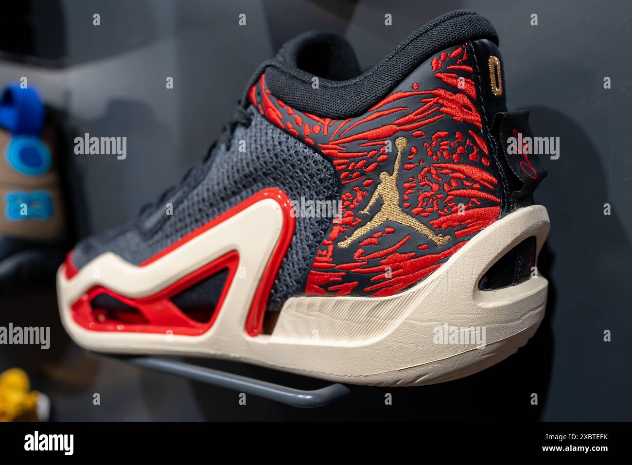 Nike Jordan series basketball shoes display in shopping mall. Minsk ...