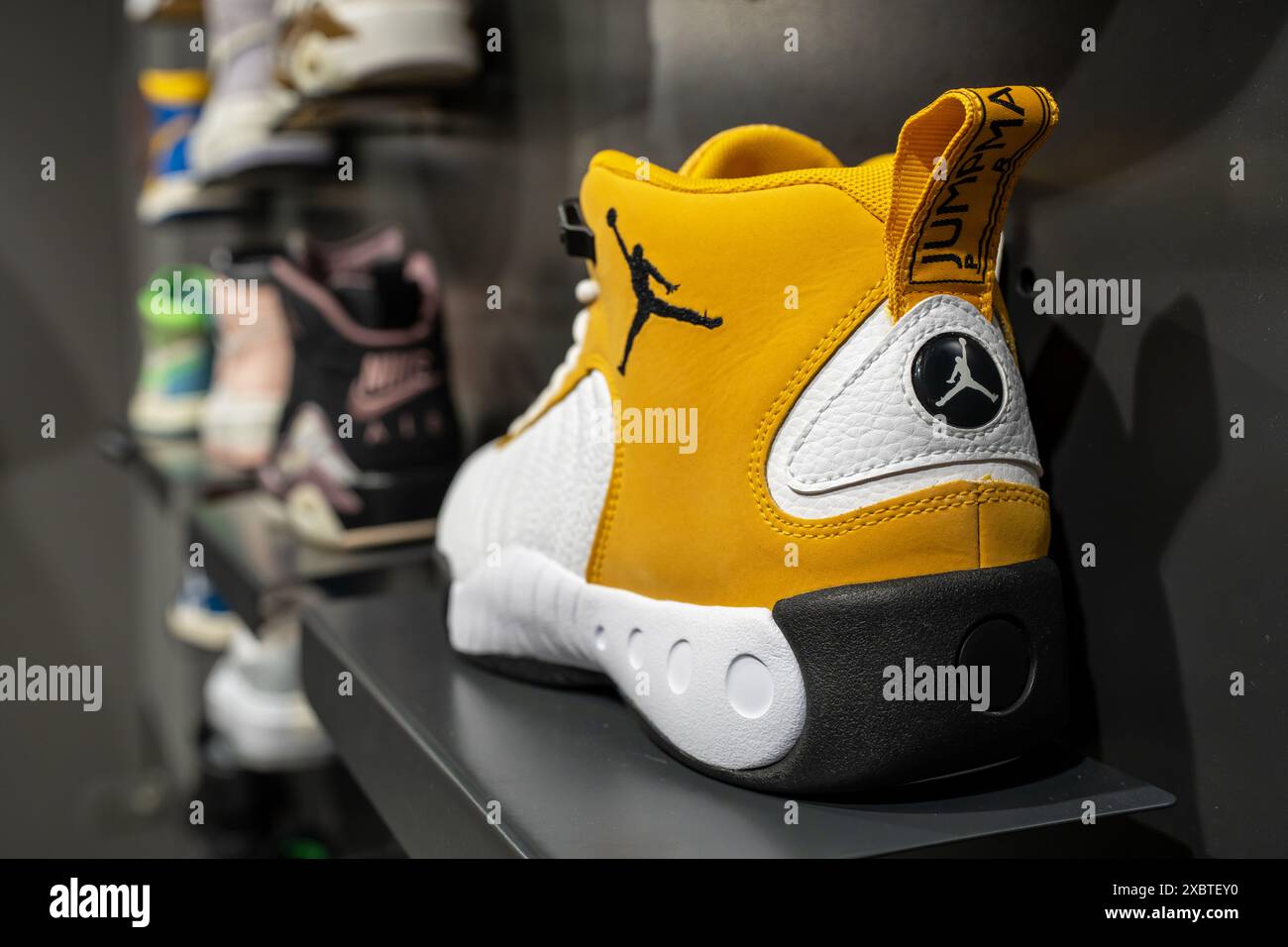 Nike Jordan series basketball shoes display in shopping mall. Minsk ...