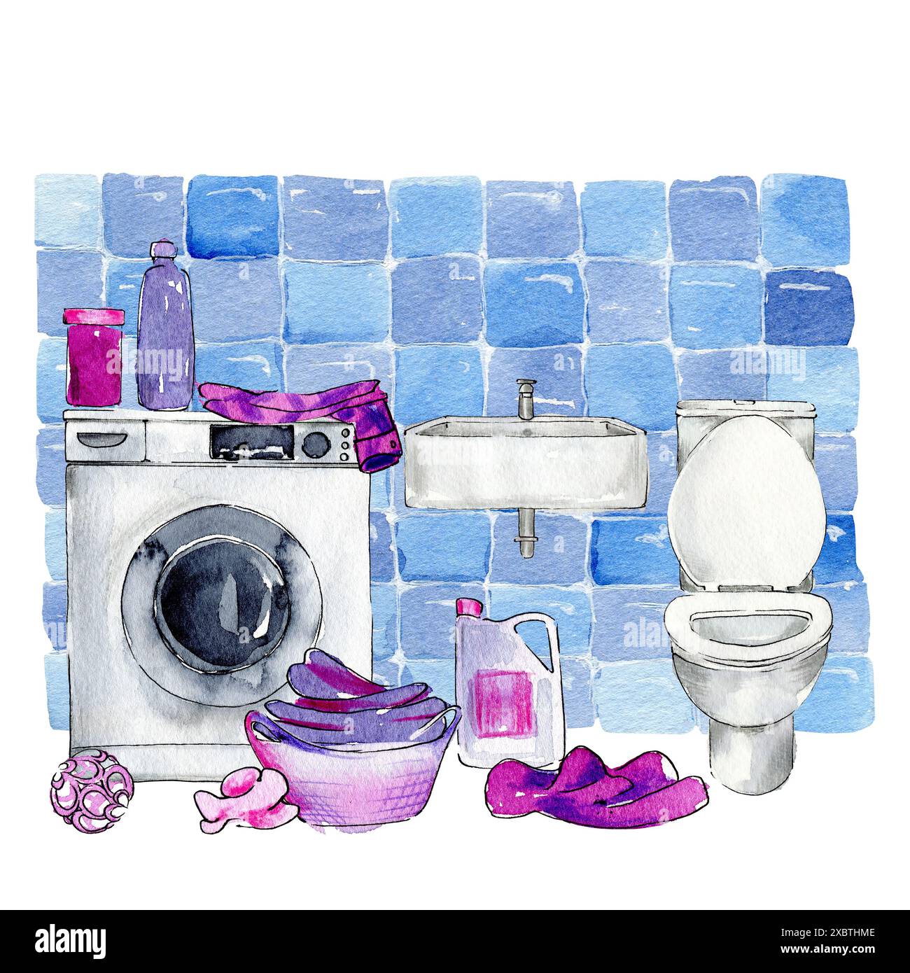 a messy bathroom in which there is a washing machine, a toilet, clothes ...