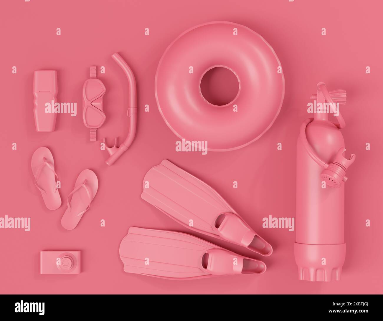 Colorful scuba stuff and beach accessories like umbrella, flip flops ...