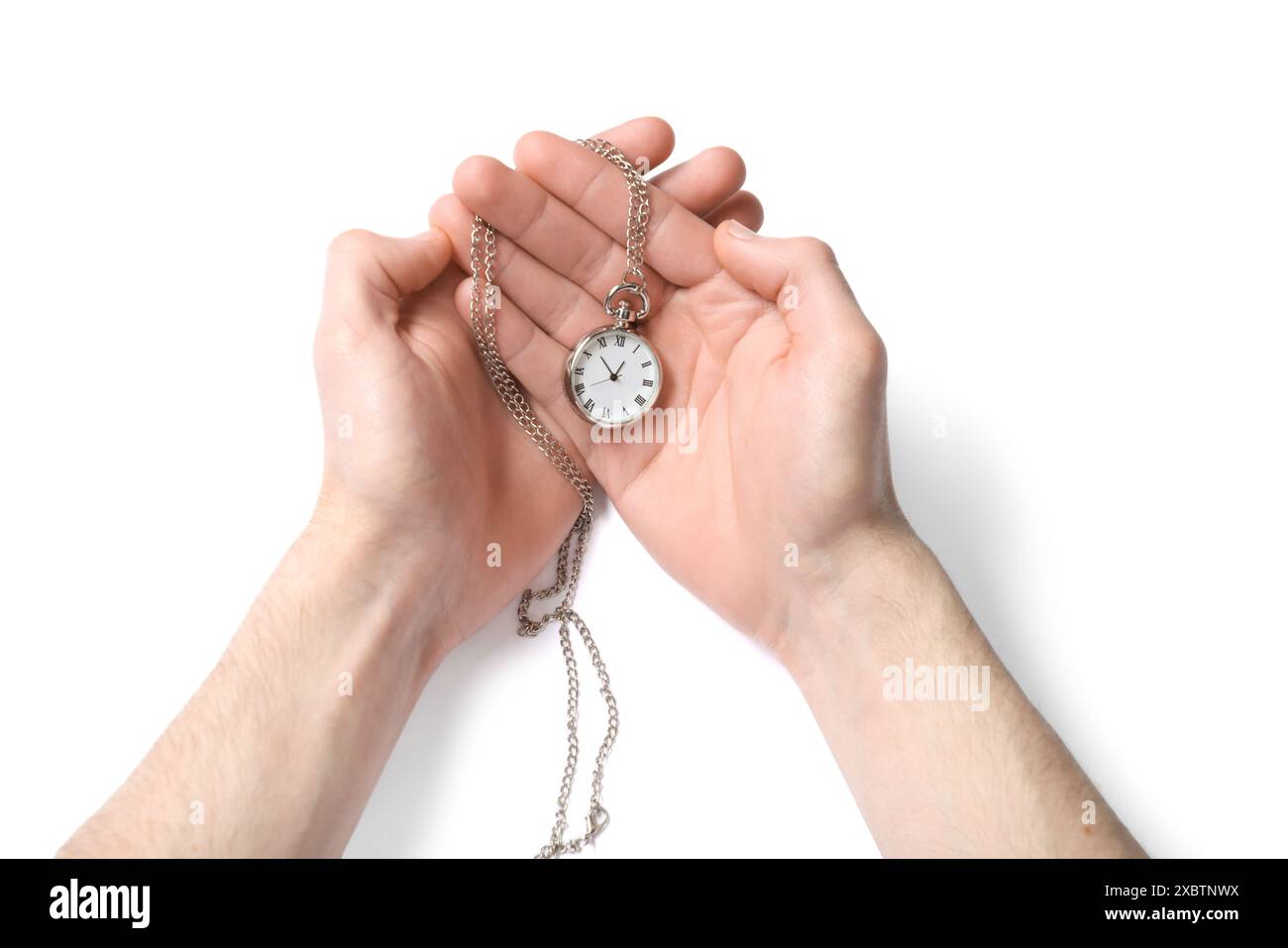Man holding chain with elegant pocket watch on white background, top ...