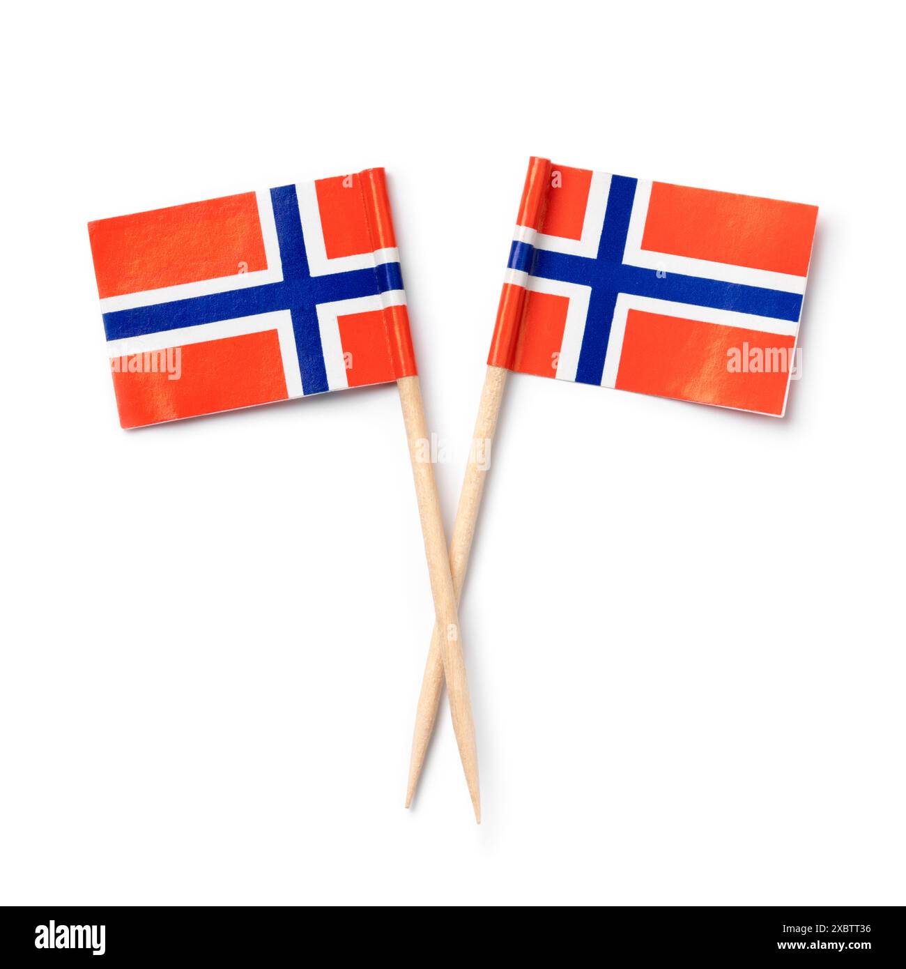 Miniature Norwegian paper flags close up isolated on white background ...