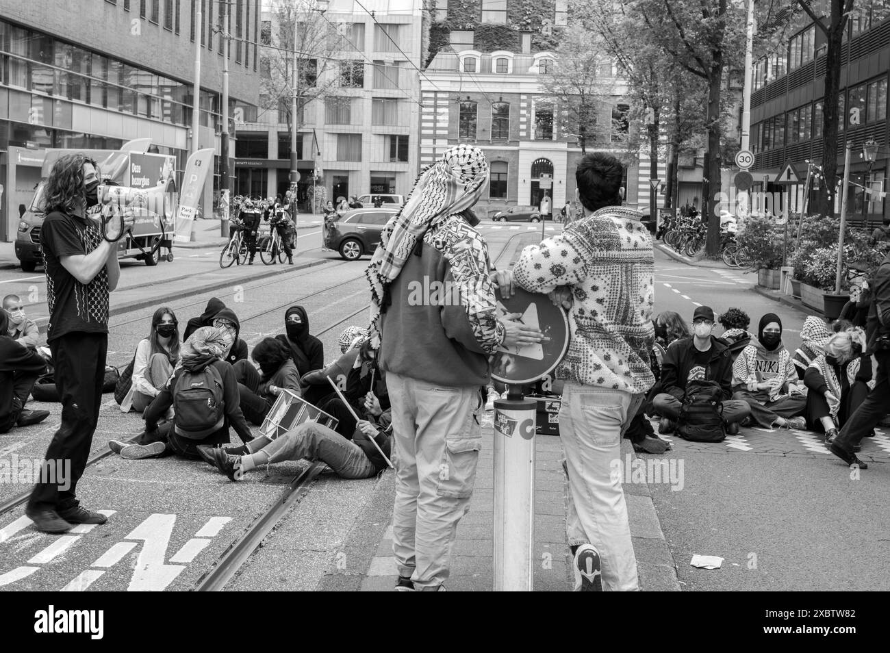 A Small Group Free Palestine Protesters Block Road At Amsterdam The ...