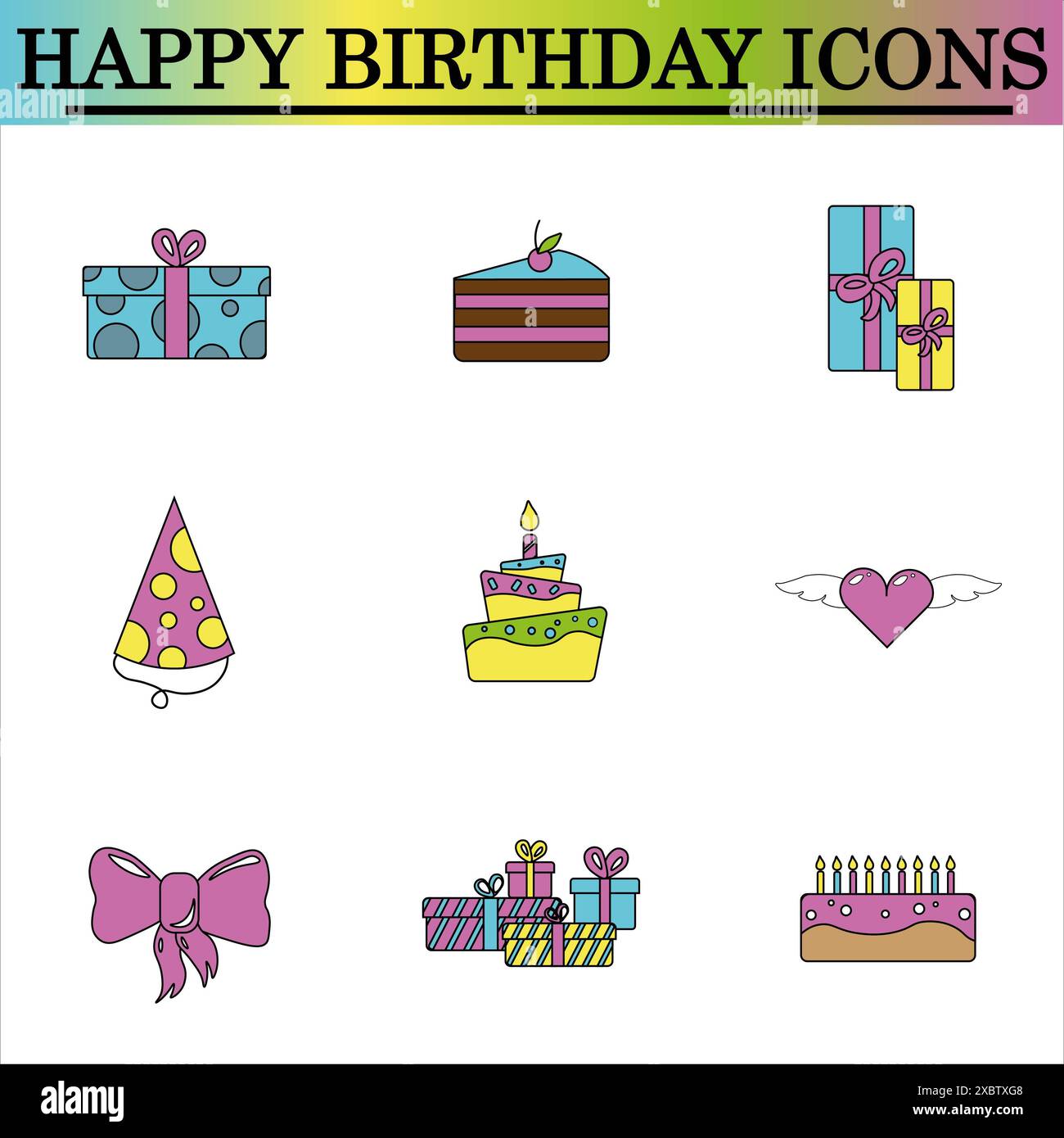 Set of birthday flat icons on the white background. Celebration icons ...
