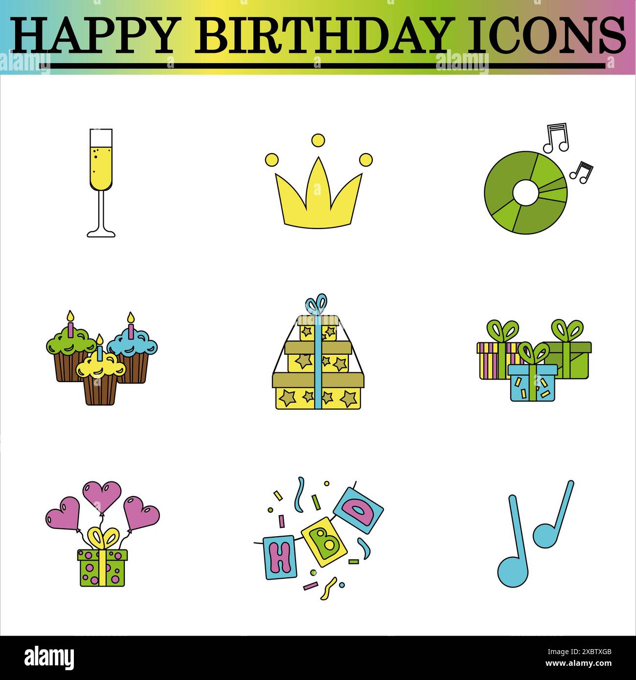 Set of birthday flat icons on the white background. Celebration icons ...