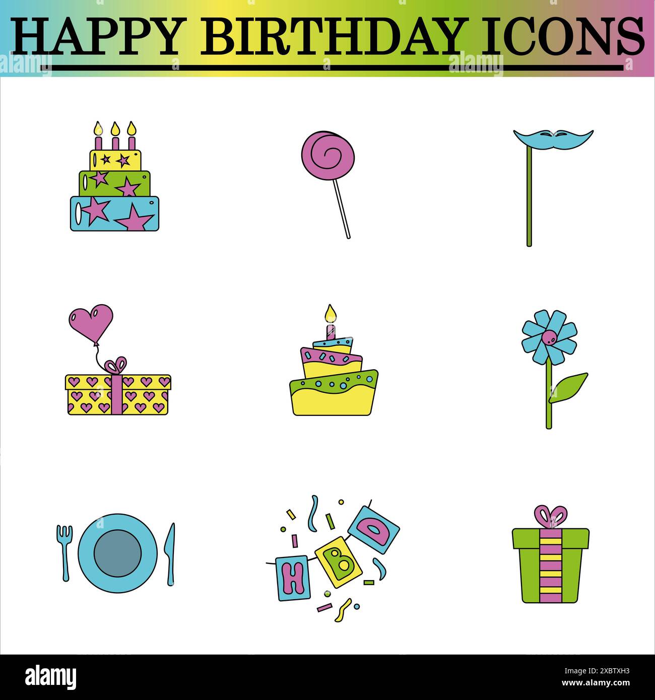 Set of birthday flat icons on the white background. Celebration icons ...