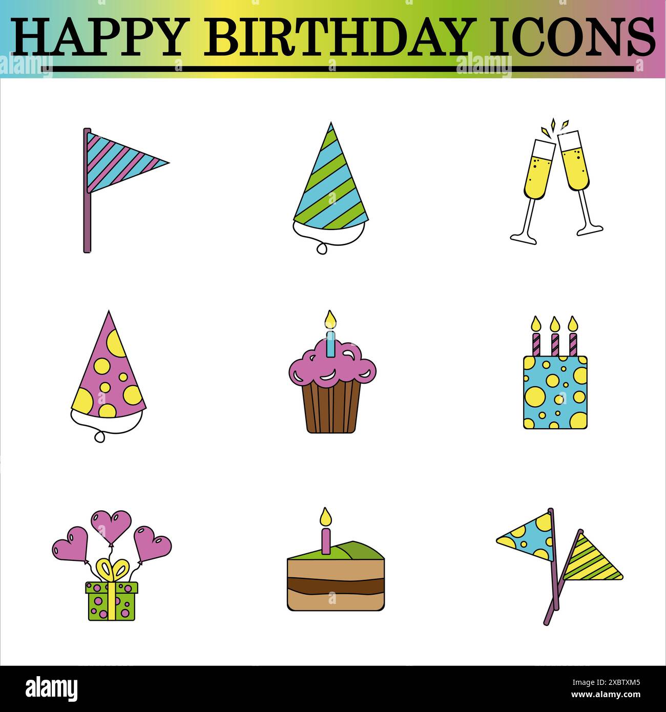 Set of birthday flat icons on the white background. Celebration icons ...