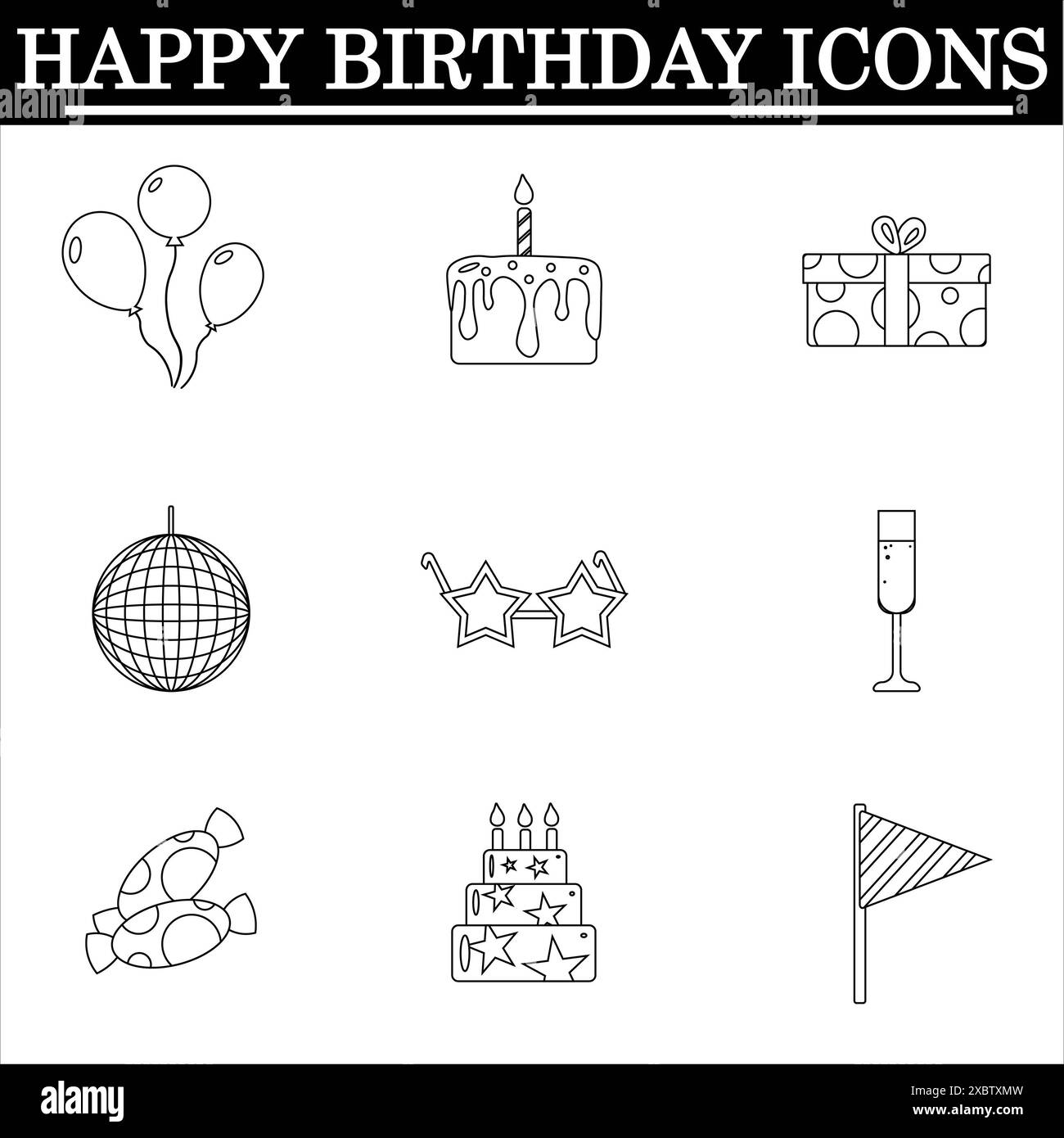 Set of birthday outline icons on the white background. Celebration ...
