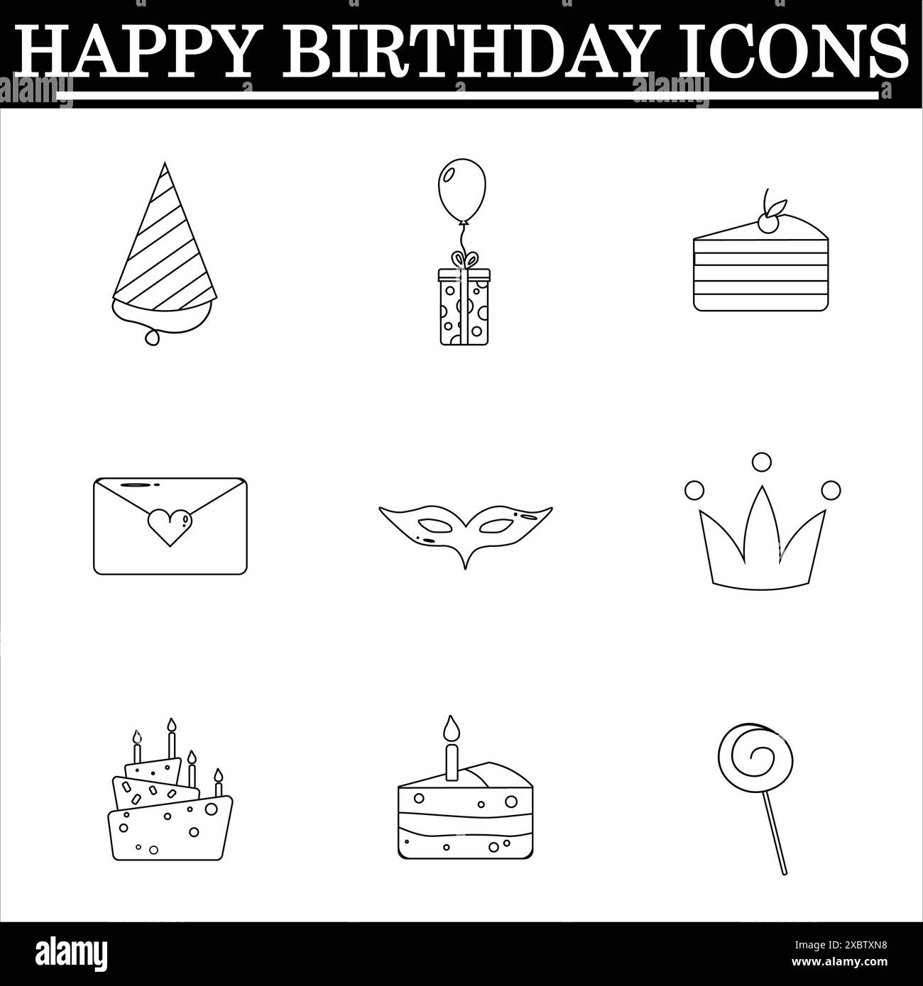 Set of birthday outline icons on the white background. Celebration ...