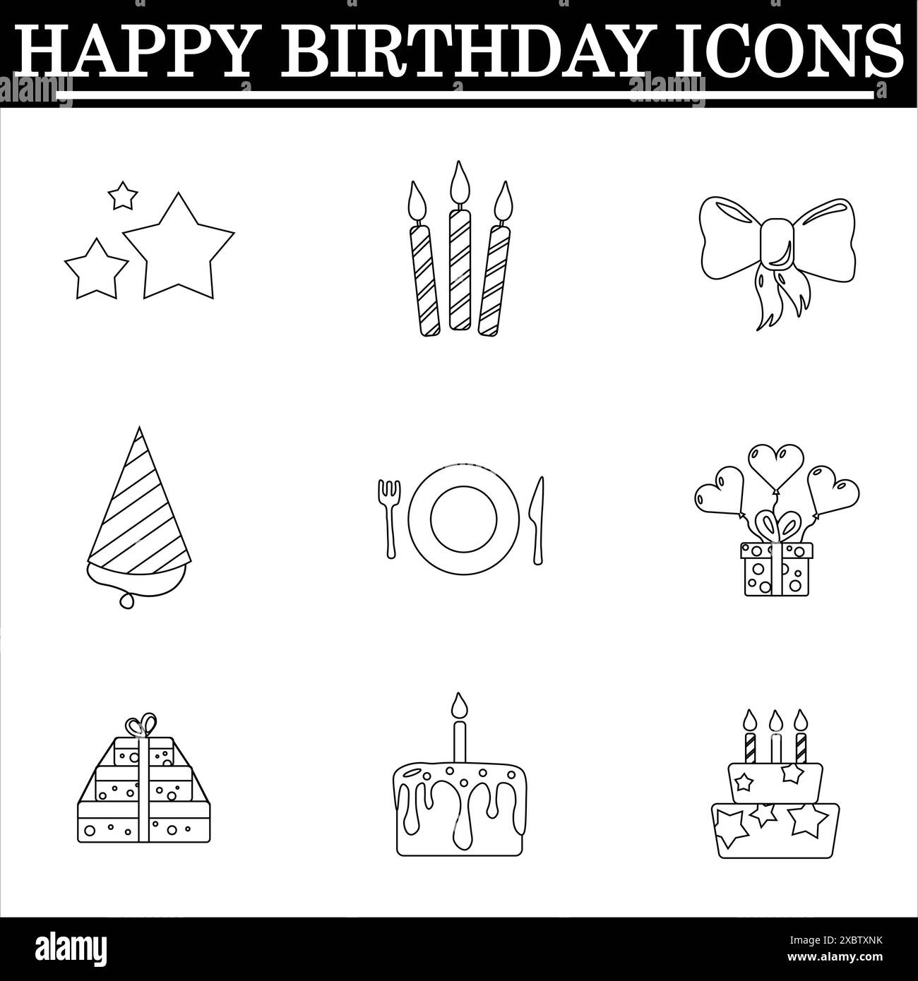 Set of birthday outline icons on the white background. Celebration ...