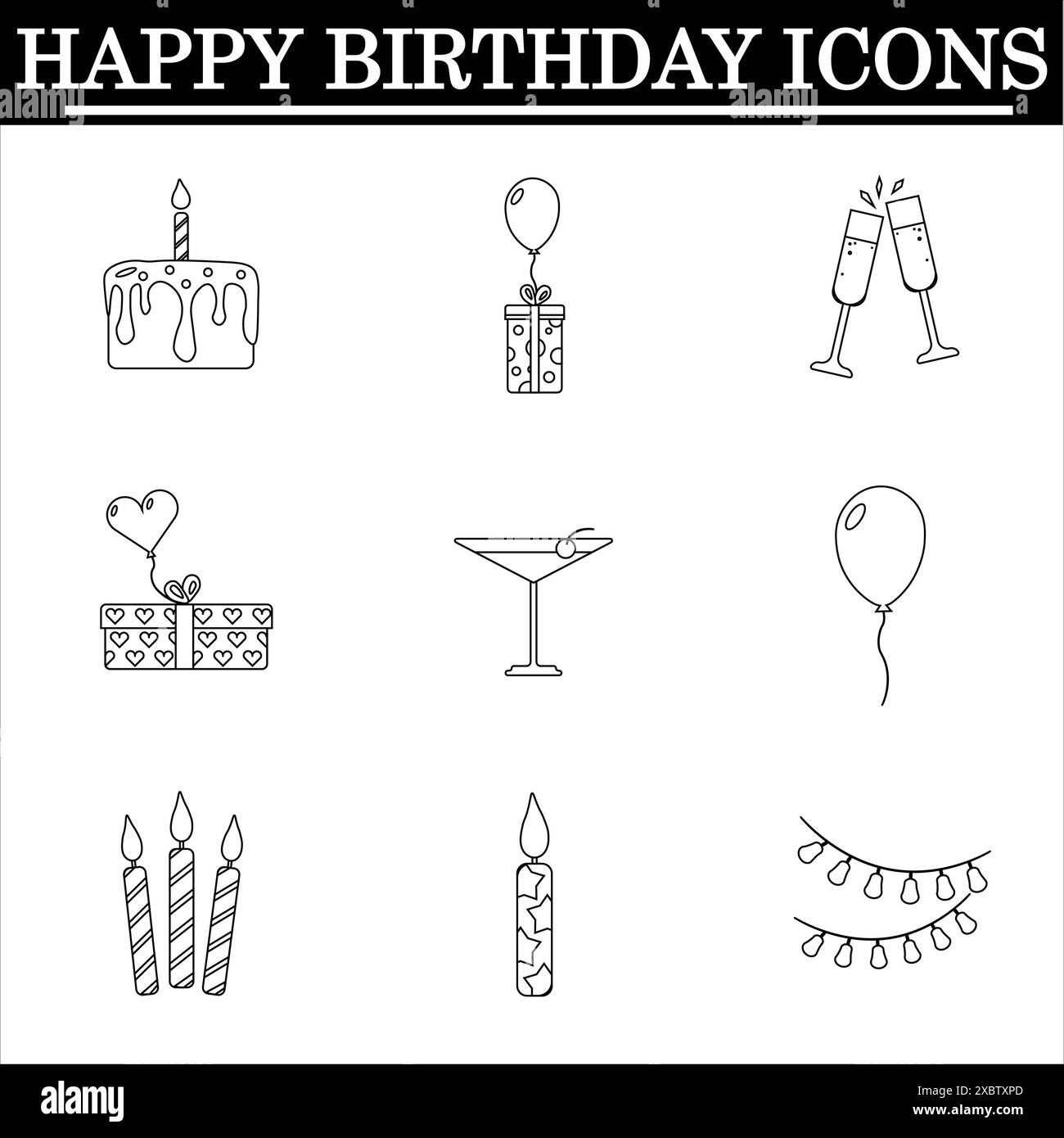 Set of birthday outline icons on the white background. Celebration ...