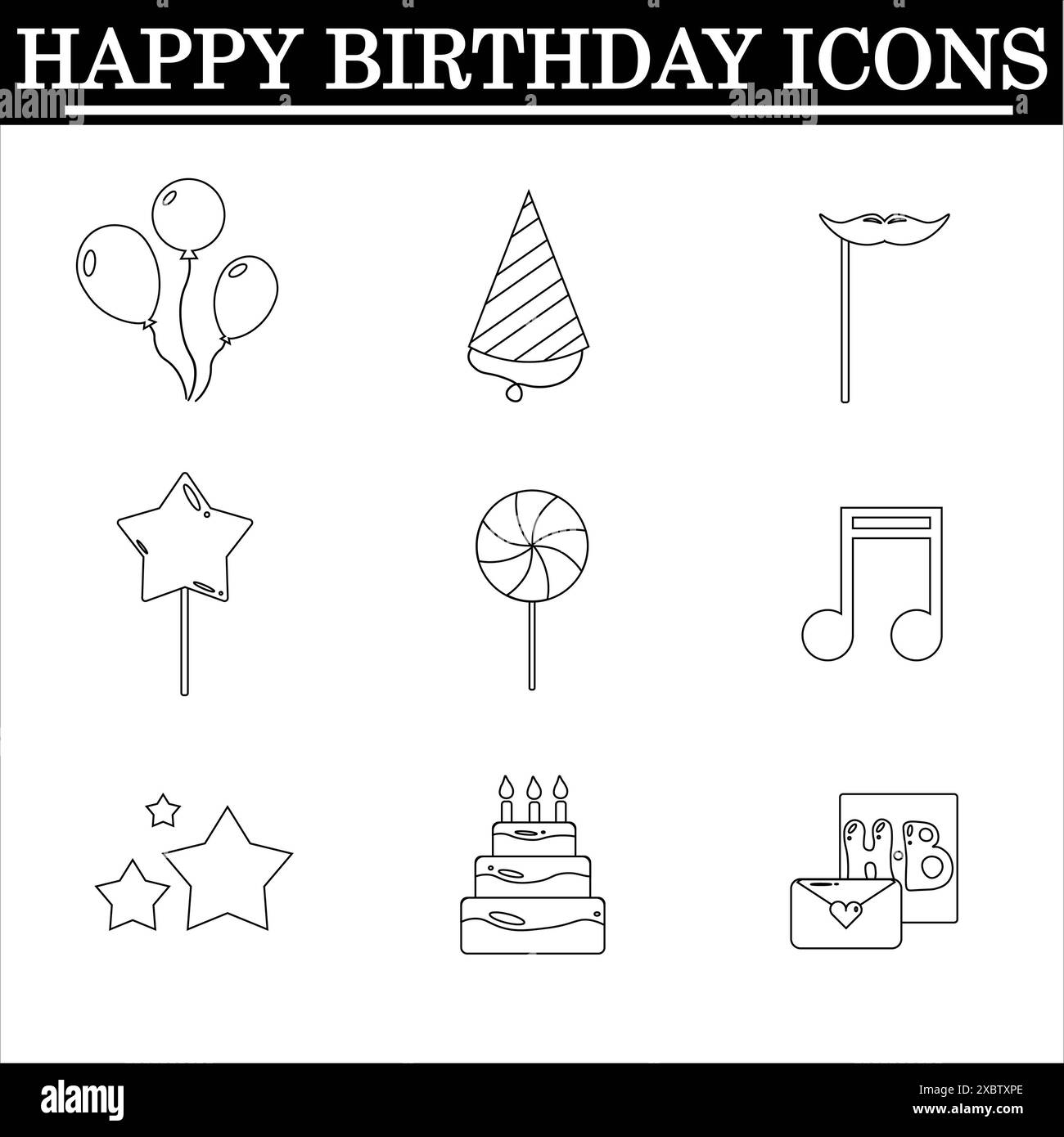 Set of birthday outline icons on the white background. Celebration ...