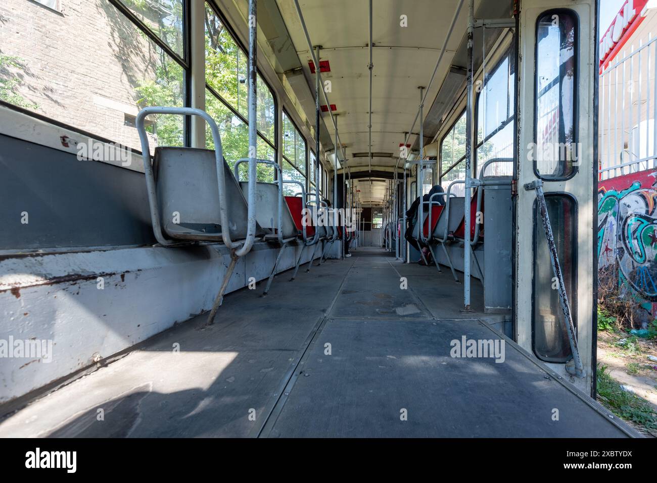 Interior of one of Belgrade's old electric trams taking passengers ...