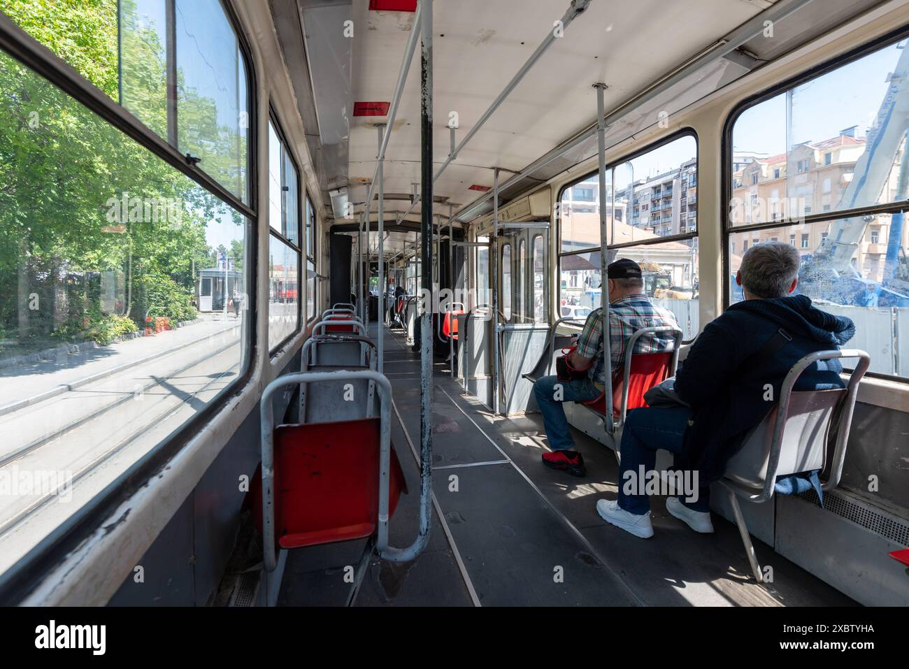 Interior of a local tram in Belgrade with only a few passengers. April ...
