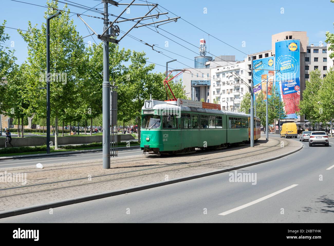 Old style green electric tram in Belgrade, Serbia. April 2024 Stock ...
