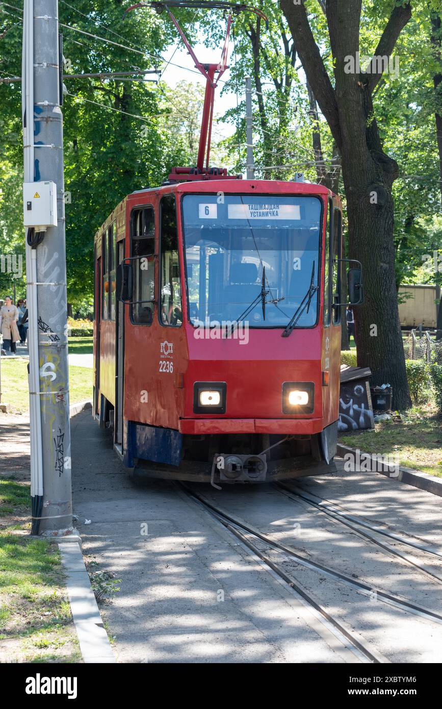 Red tram stopped in Tasmajdan park in Belgrade. April 2024 Stock Photo ...