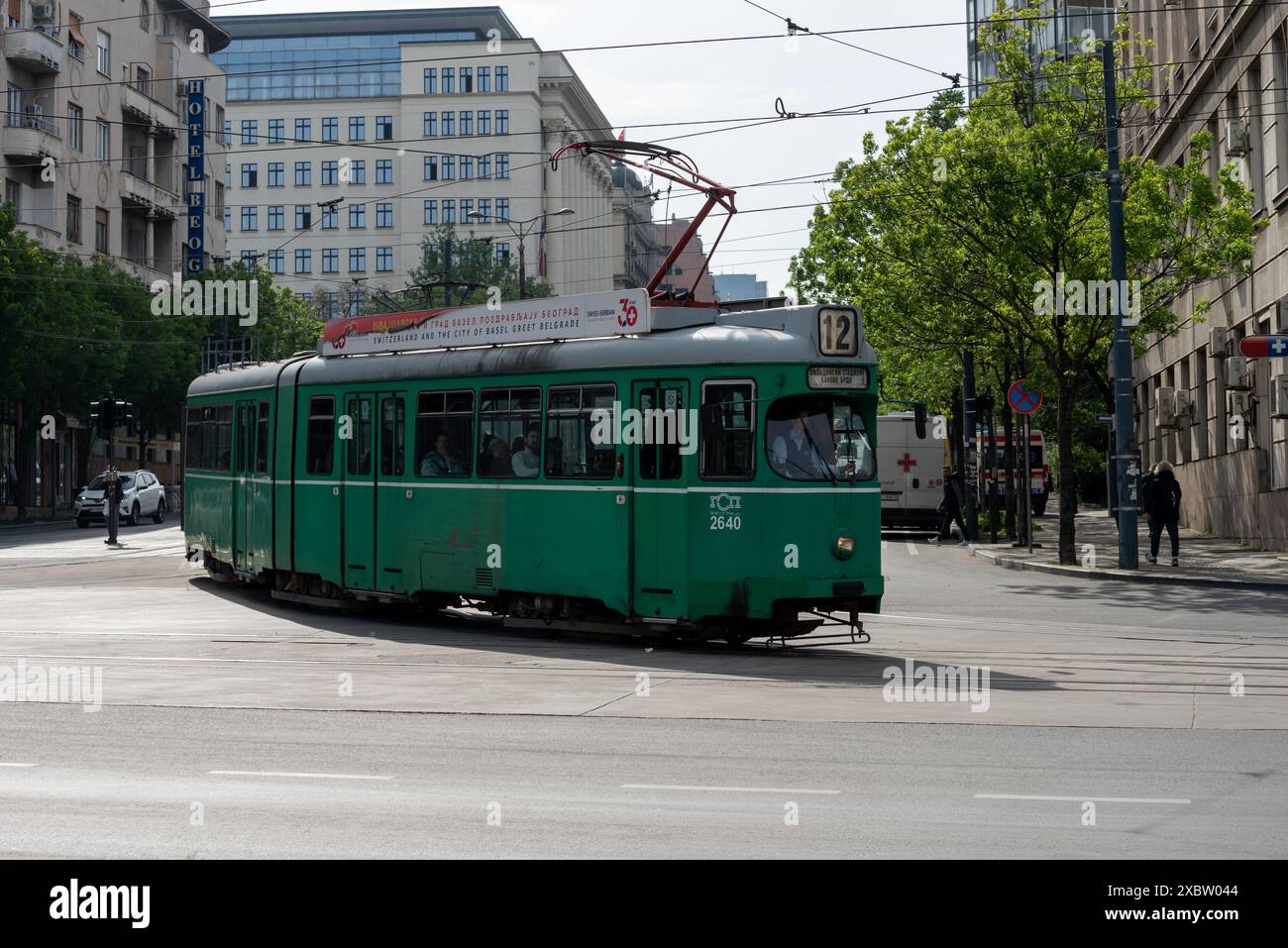 Old style green tram on Nemanjina street, Belgrade. April 2024 Stock ...