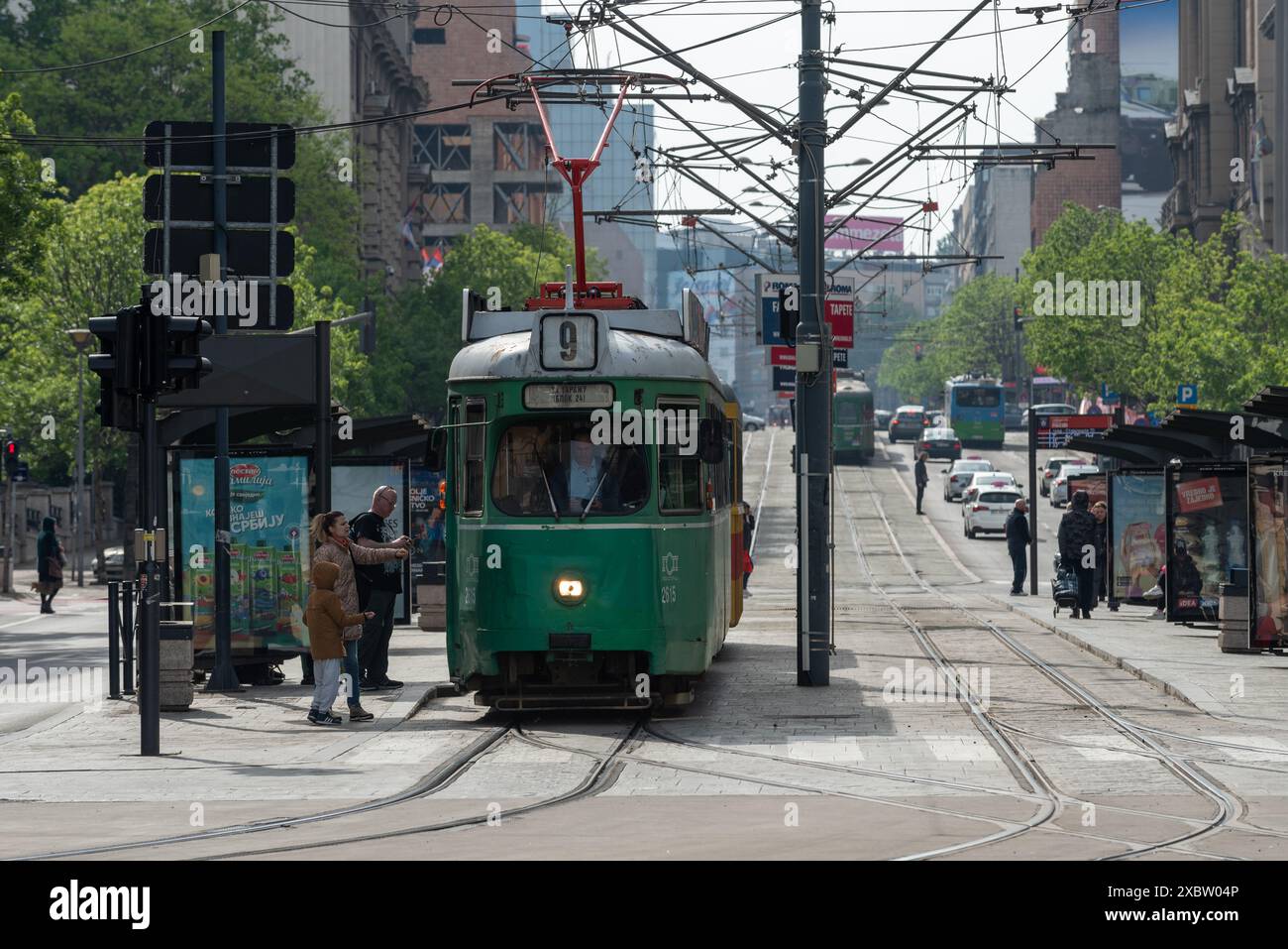 Old style green tram on Nemanjina street, Belgrade. April 2024 Stock ...