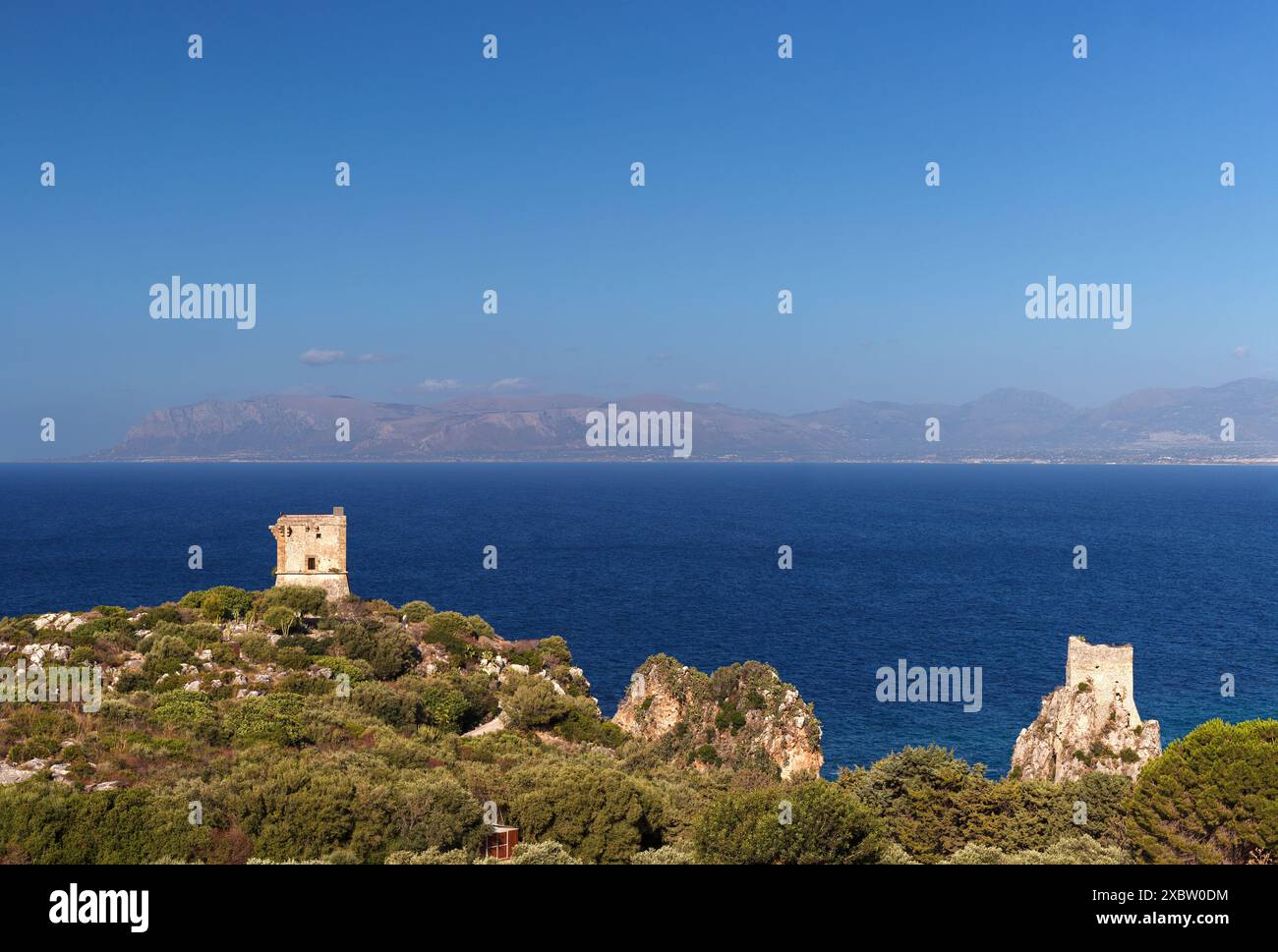 The Tonnara tower and the Doria tower at the north coast of Sicily is ...
