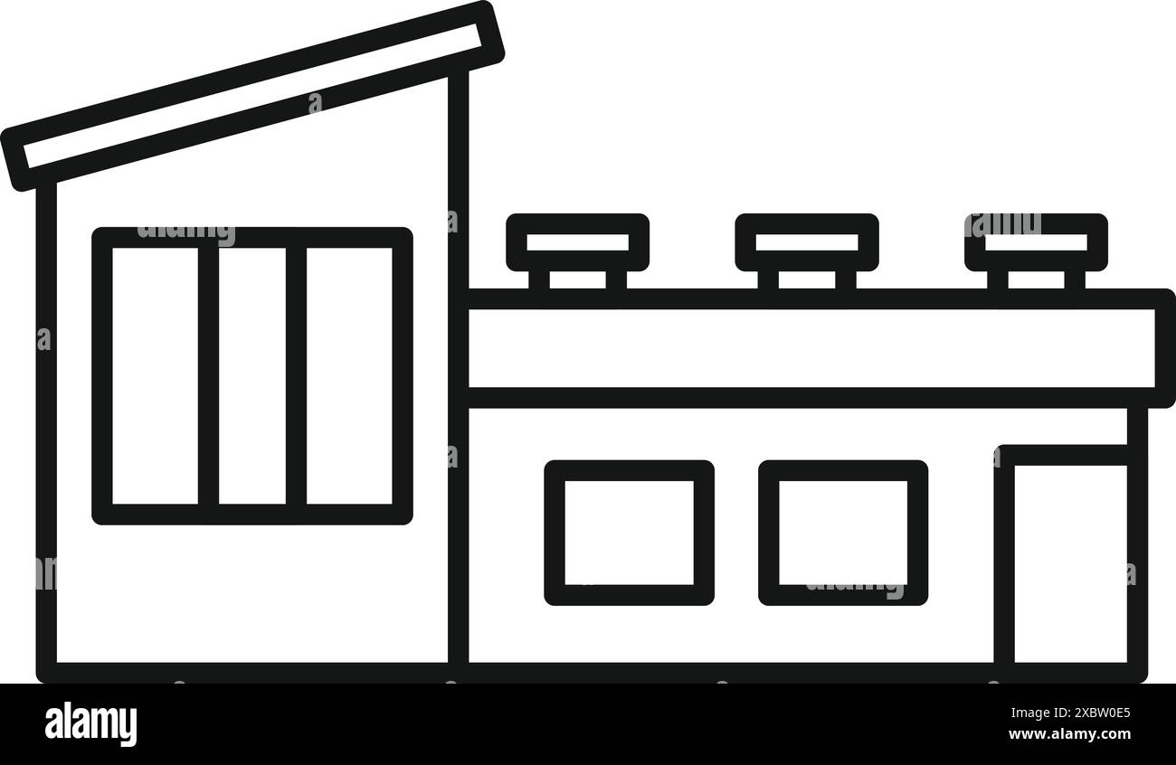 Simple line drawing of a modern factory building with rooftop air ...