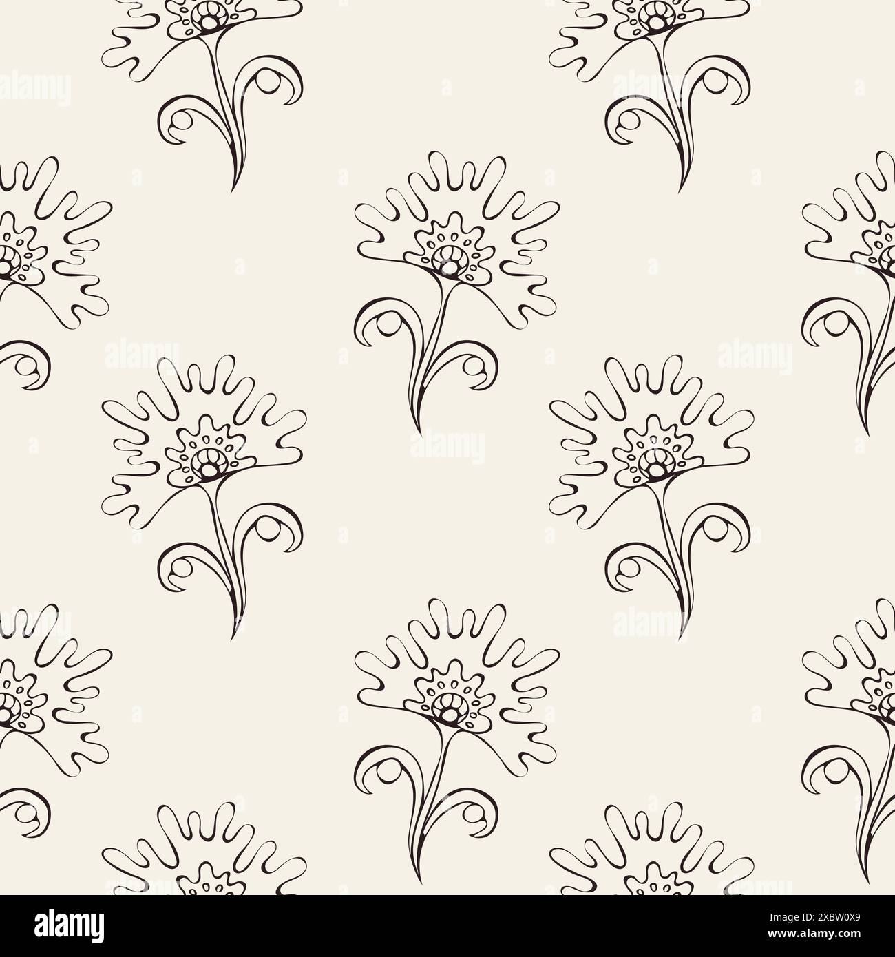 Flowers contour pattern, hand drawn doodle on beige background. For ...