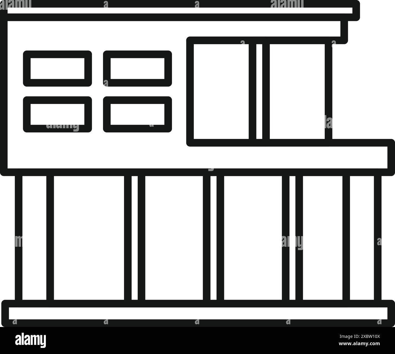 Simple black and white icon of a modern building with big windows and ...
