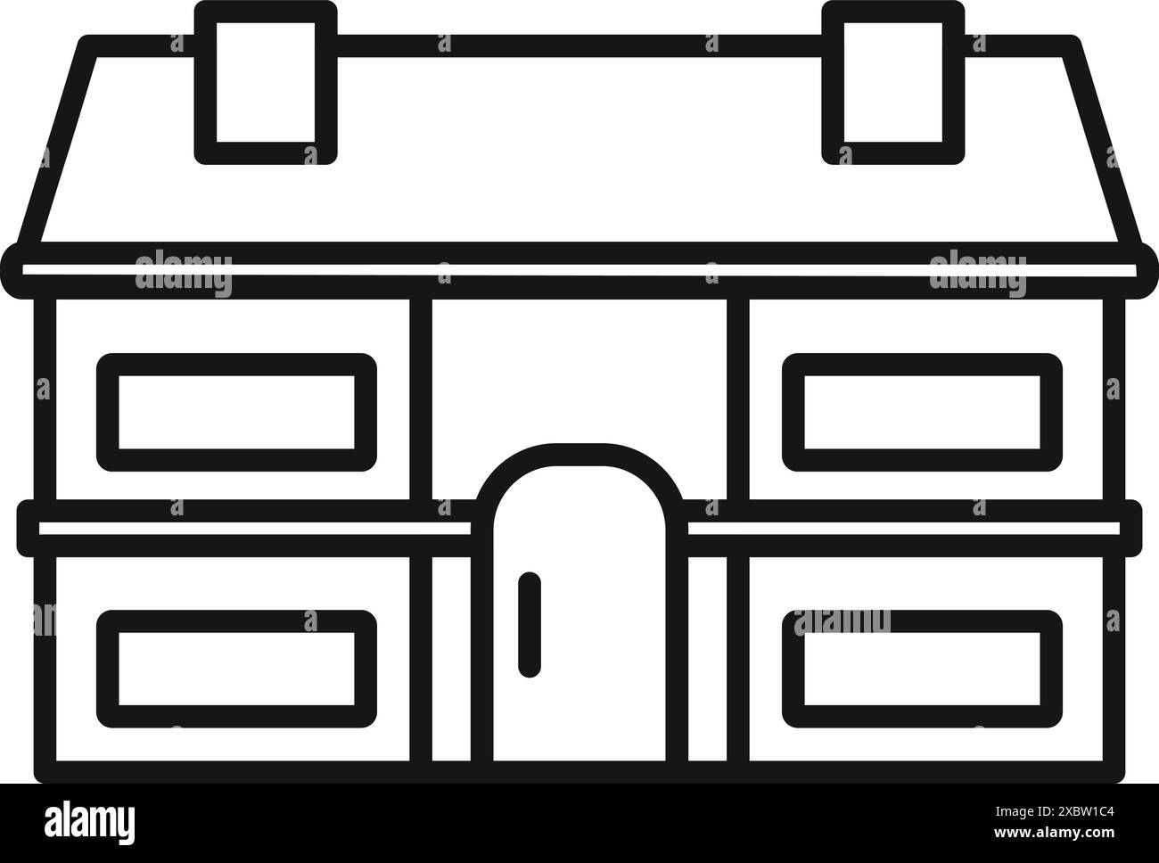 Two storey building facade with large windows and doors, representing ...