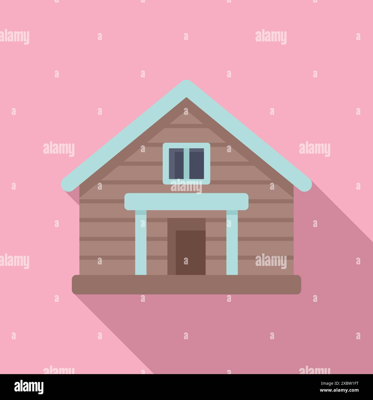 Small wooden house with porch casting long shadow on pink background ...