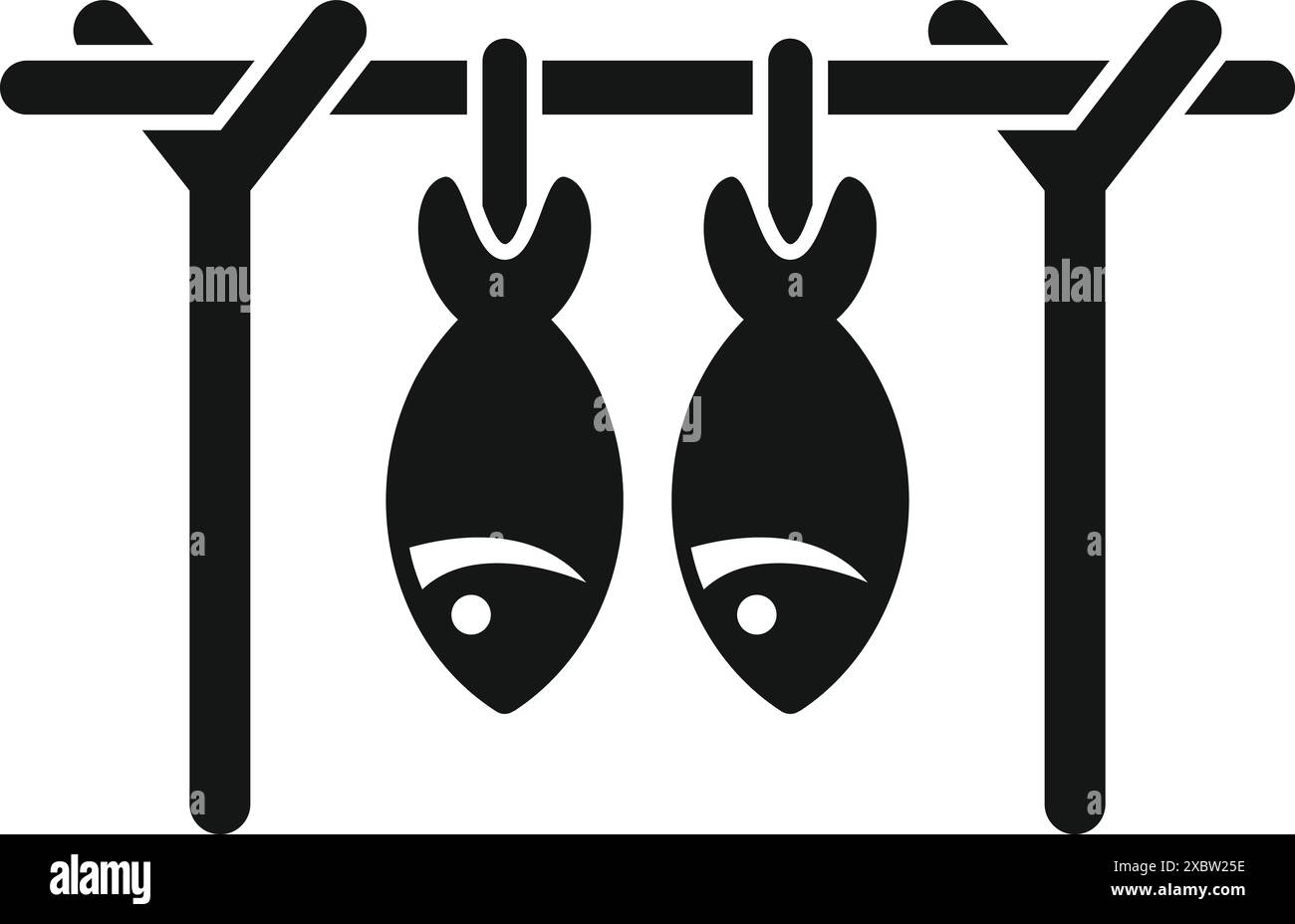 Black simple icon of two fishes hanging from a wooden stand to dry ...