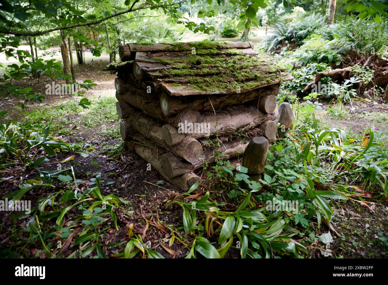 Moss-covered Insect or invertebrate house or bug hotel with various ...