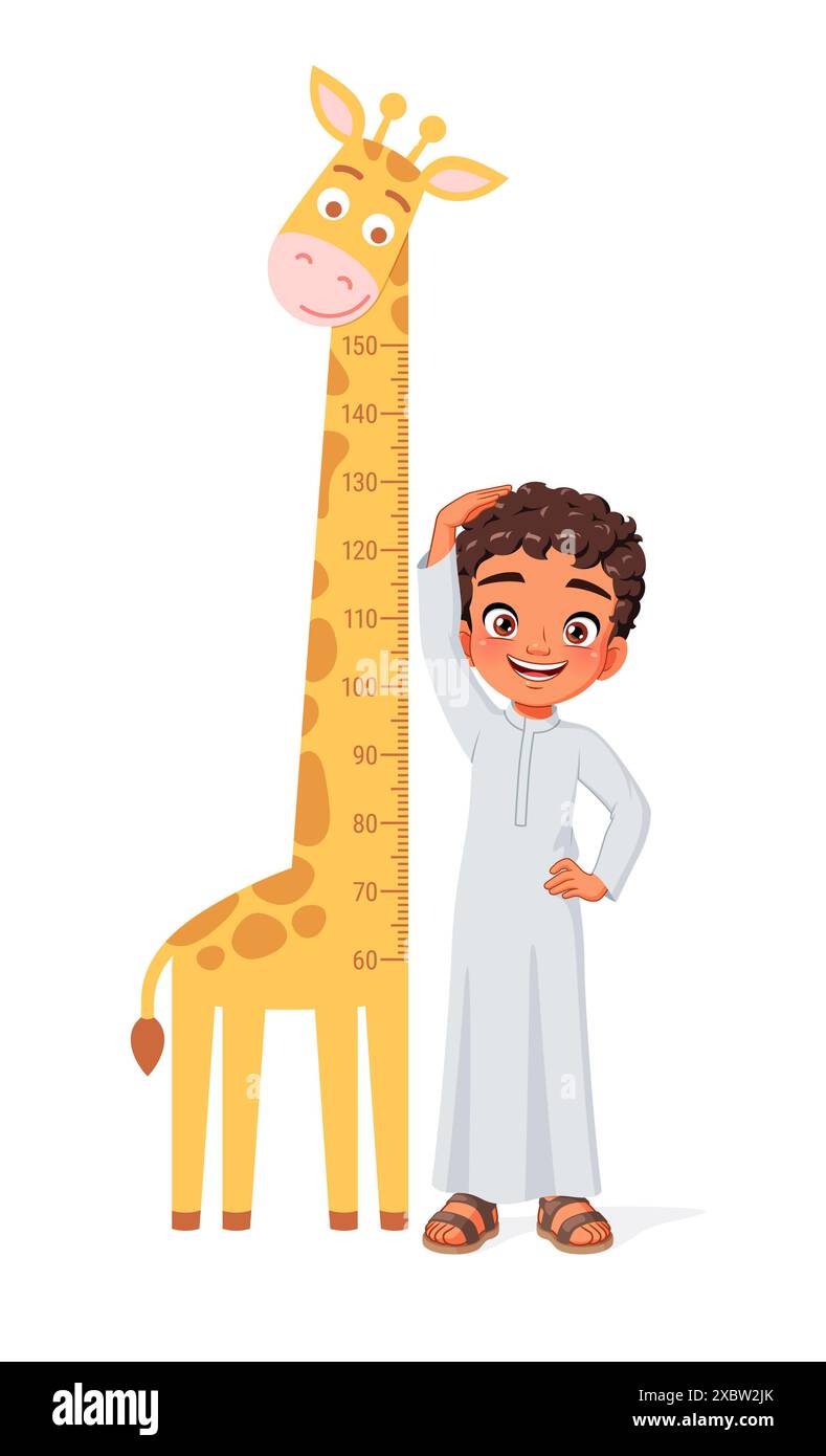 Little Arab boy measuring his height. Cartoon vector illustration Stock ...