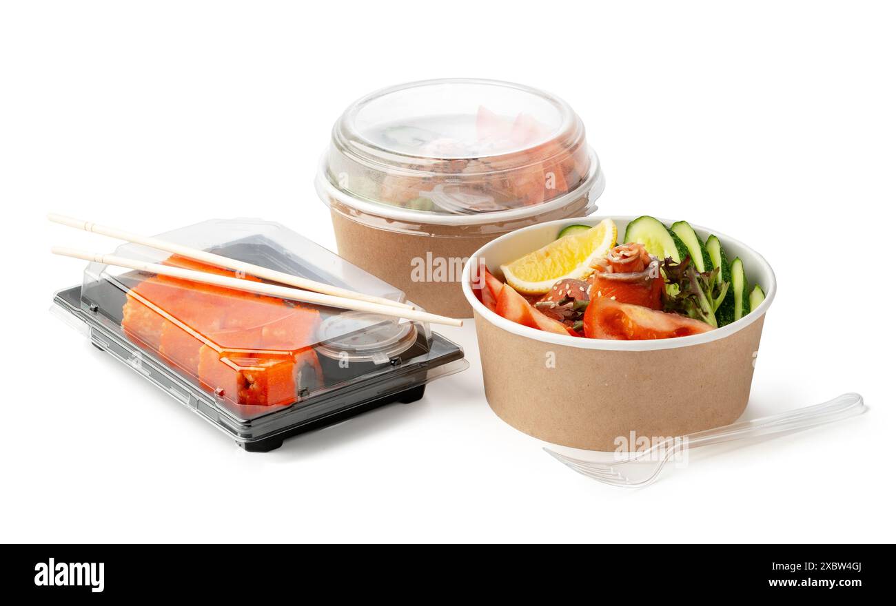 Poke bowls and sushi rolls on white background Stock Photo - Alamy