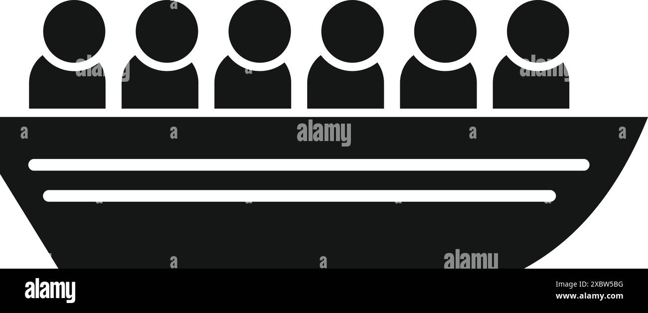 Silhouette of a group of refugees or migrants crossing border in a boat ...
