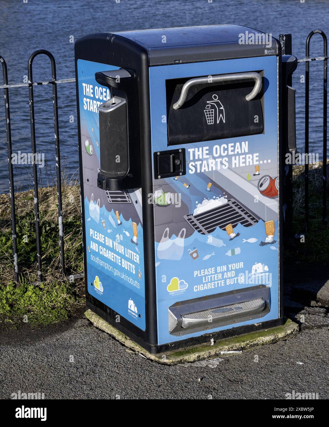 Modern litter bin in the Port of Southampton, Mayflower Park ...