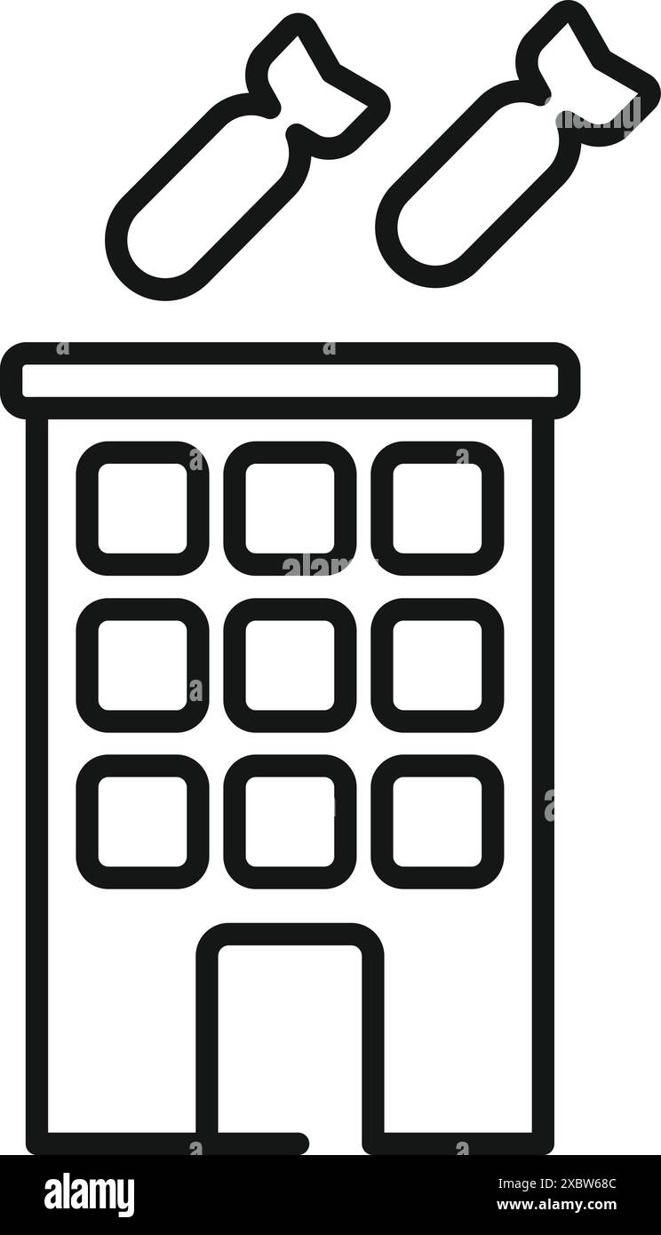 Line art icon of two bombs falling towards a multi story residential ...