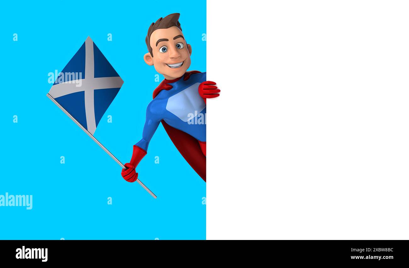 Fun 3D cartoon superhero with the flag from Scotland, alpha channel ...