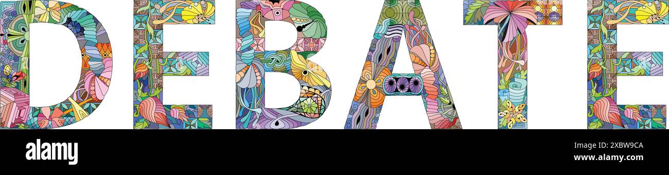 Hand-painted art design. Hand drawn illustration word DEBATE for t ...