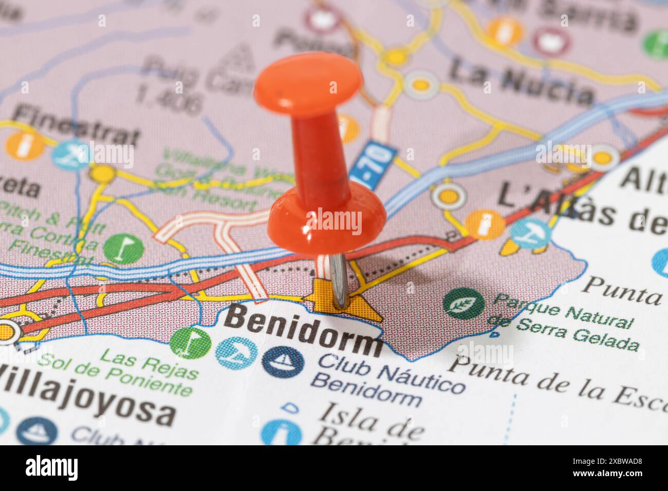 Thumbtack pinned on the city of Benidorm on a map of Spain Stock Photo ...