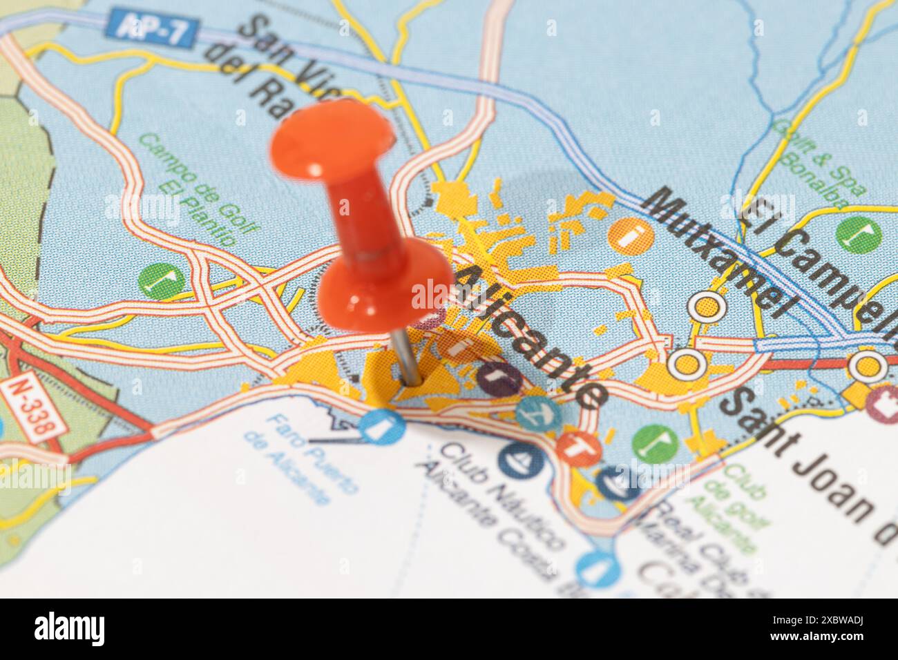 Thumbtack pinned on the city of Alicante on a map of Spain Stock Photo ...