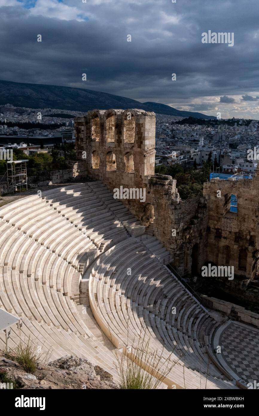 View of Herodes Atticus' Odeon theatre on the Acropolis hill and the ...