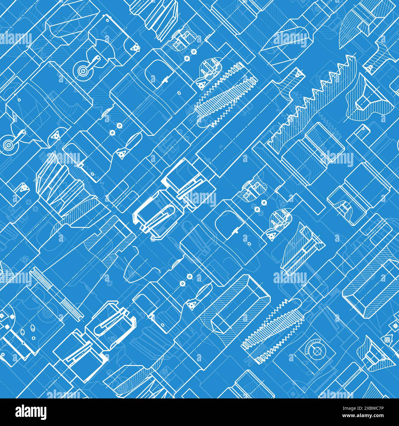 Mechanical engineering drawings on blue background. Tap tools, borer ...