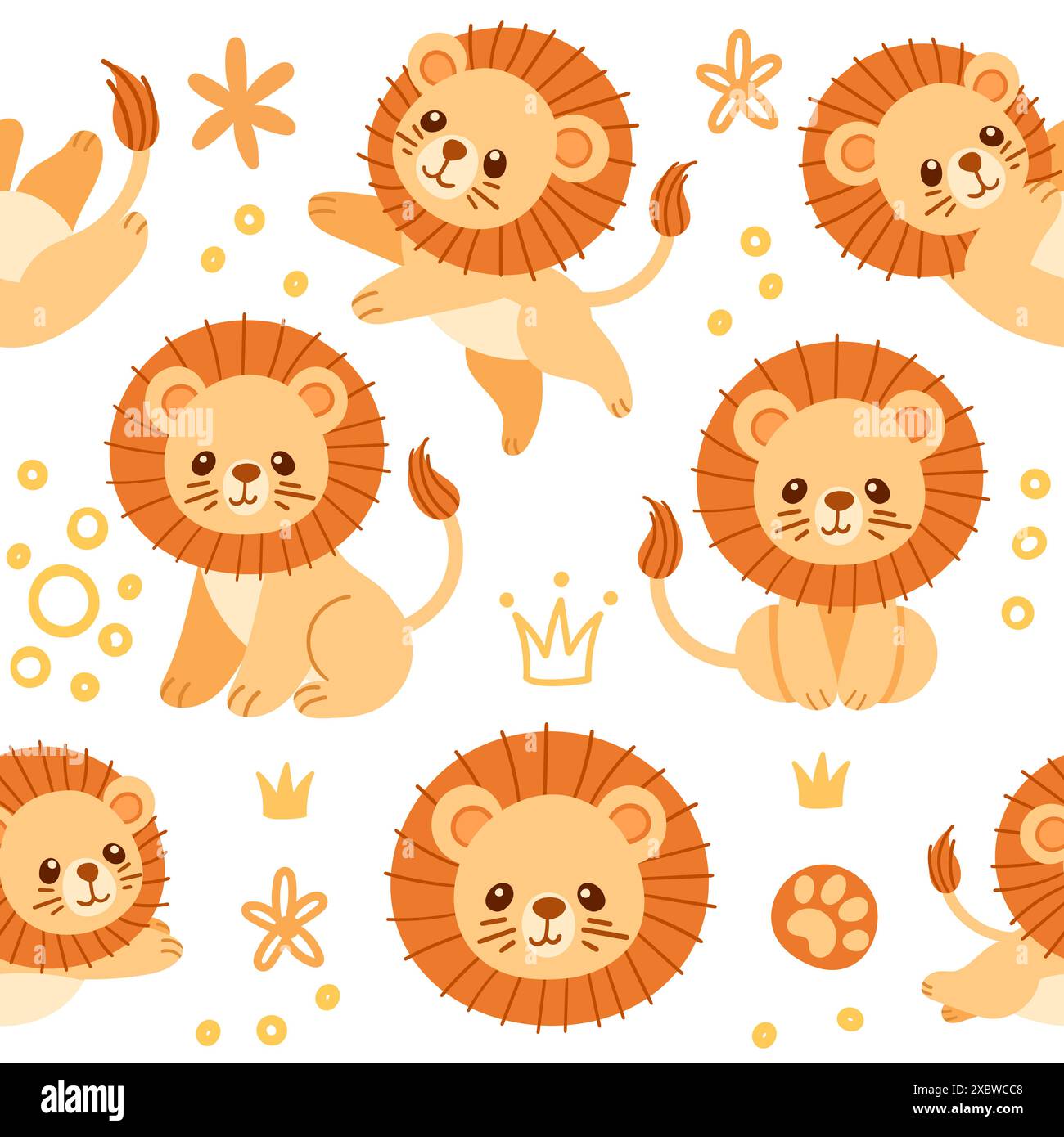 Seamless pattern cute small lion with golden crown king cartoon animal ...
