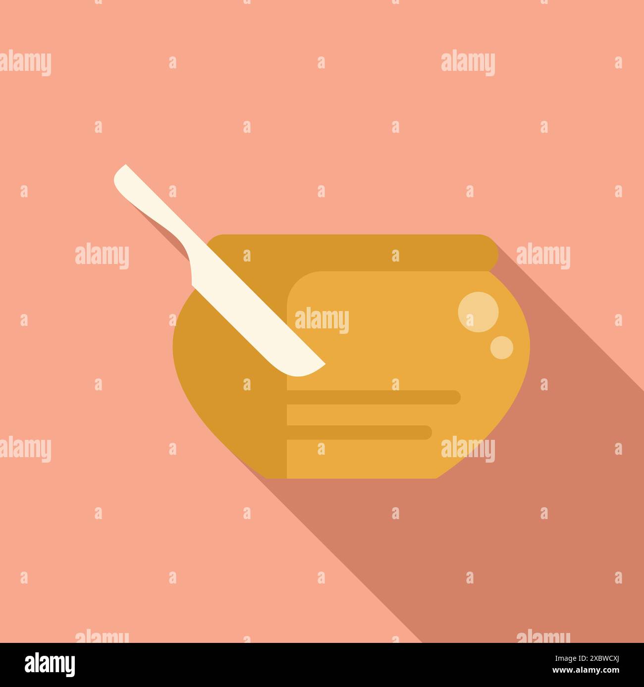 Knife spreading butter from ceramic butter dish on pink background, in ...