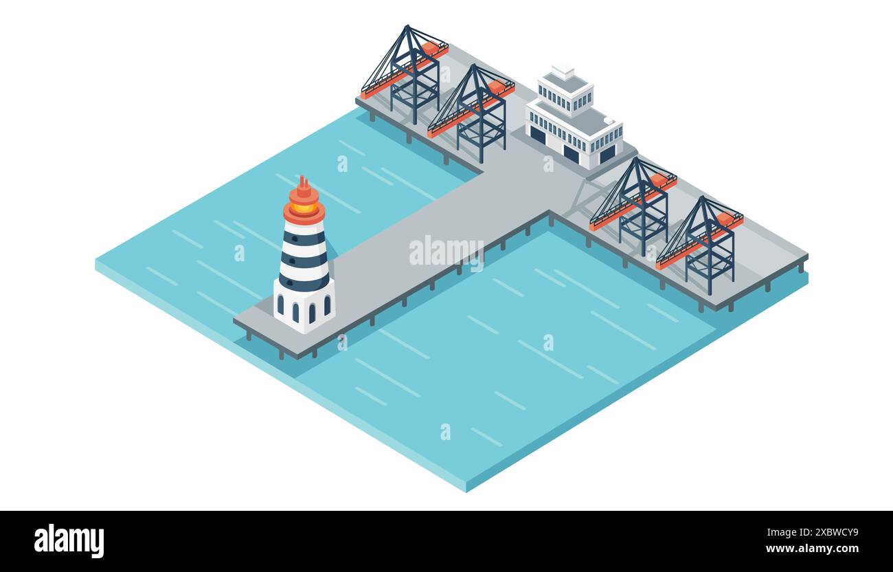 Marine terminal with lighthouse on the pier and cargo crane freight ...